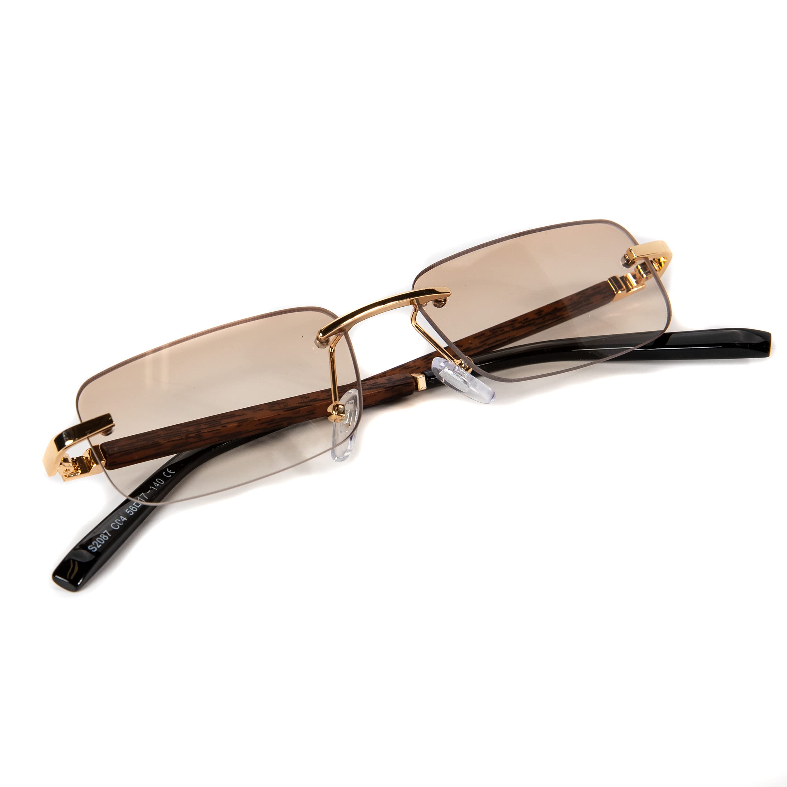 Street Knitted Gold Frame Brown Tint Square Rimless Hip Hop Men's Woodgrain Sunglasses