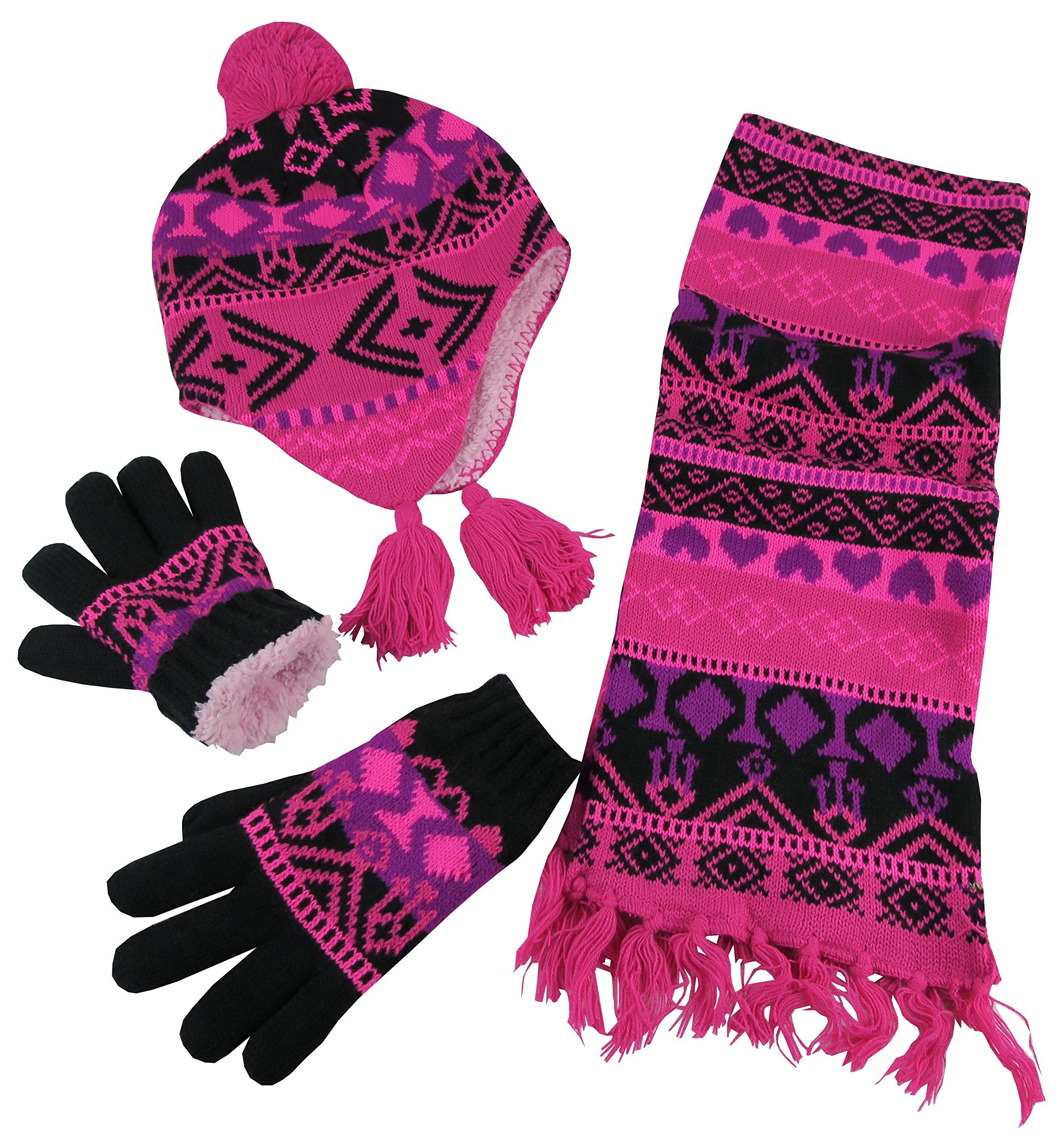 N'Ice Caps Big Girls Sherpa Lined Geo Print Hat/Scarf/Glove Knitted Set (8-12 Years, fuchsia/black/neon pink)