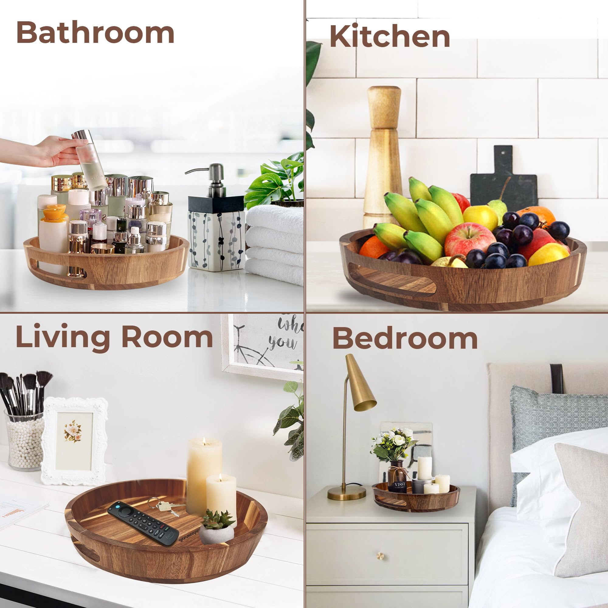 PANDAWOOD 12 Inch Lazy Susan Organizer 100% Acacia Wood - Large Lazy Susan Turntable Organizer for Cabinet, Dining Table, Bathroom, Pantry - Kitchen Cabinet Countertop Organizer - Spice Lazy Susan