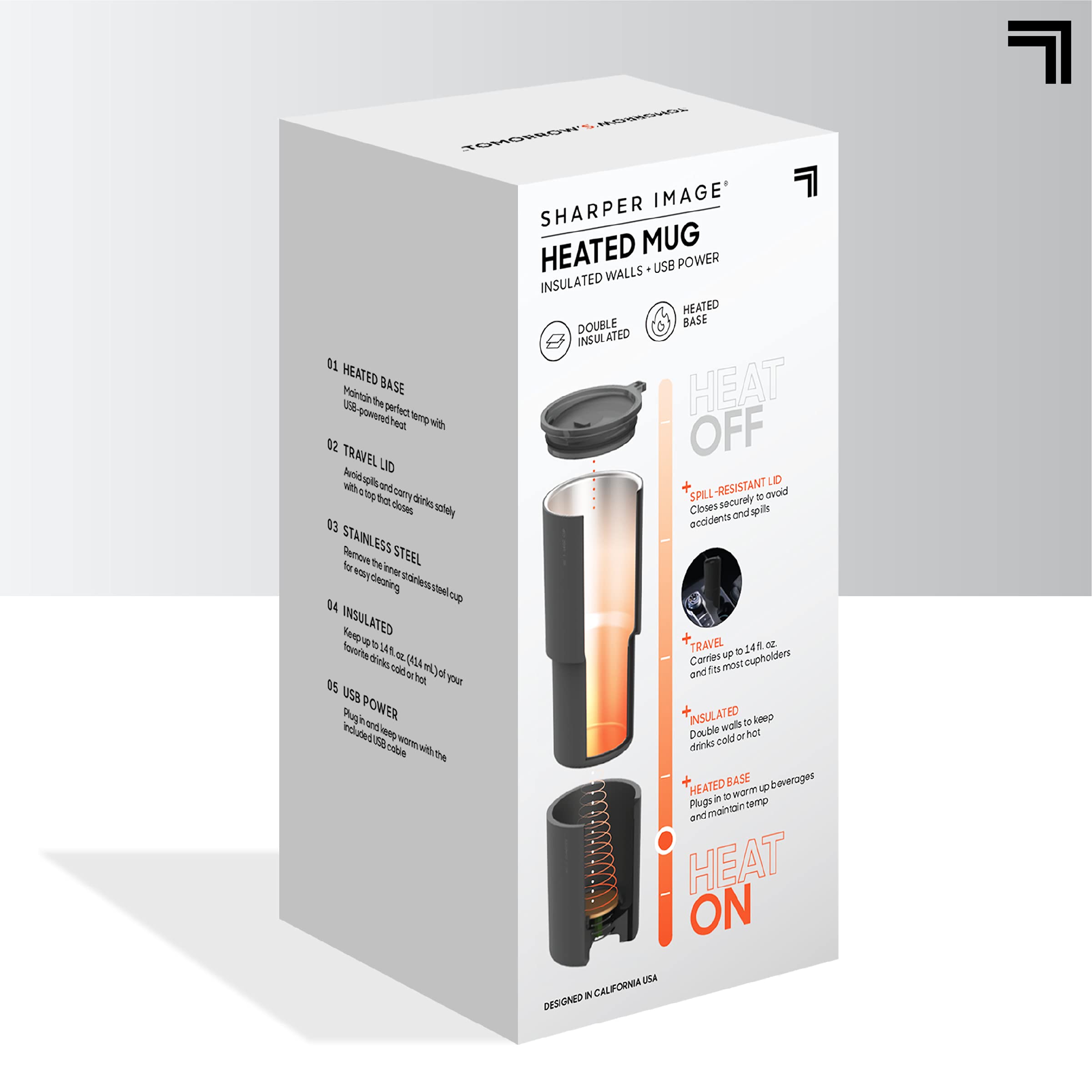 Sharper Image Insulated Heated Travel Mug with USB Power and Stainless Steel