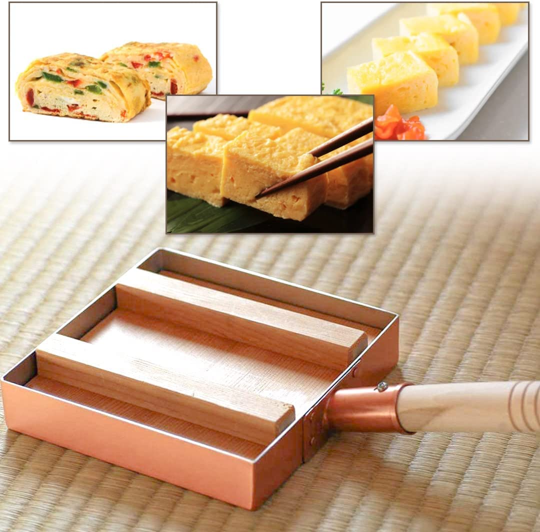 TIKUSAN Japanese Tamagoyaki Omelets Copper Pan with Wooden Lid 9.4 inch (24×24 cm) Square Type Egg Pan