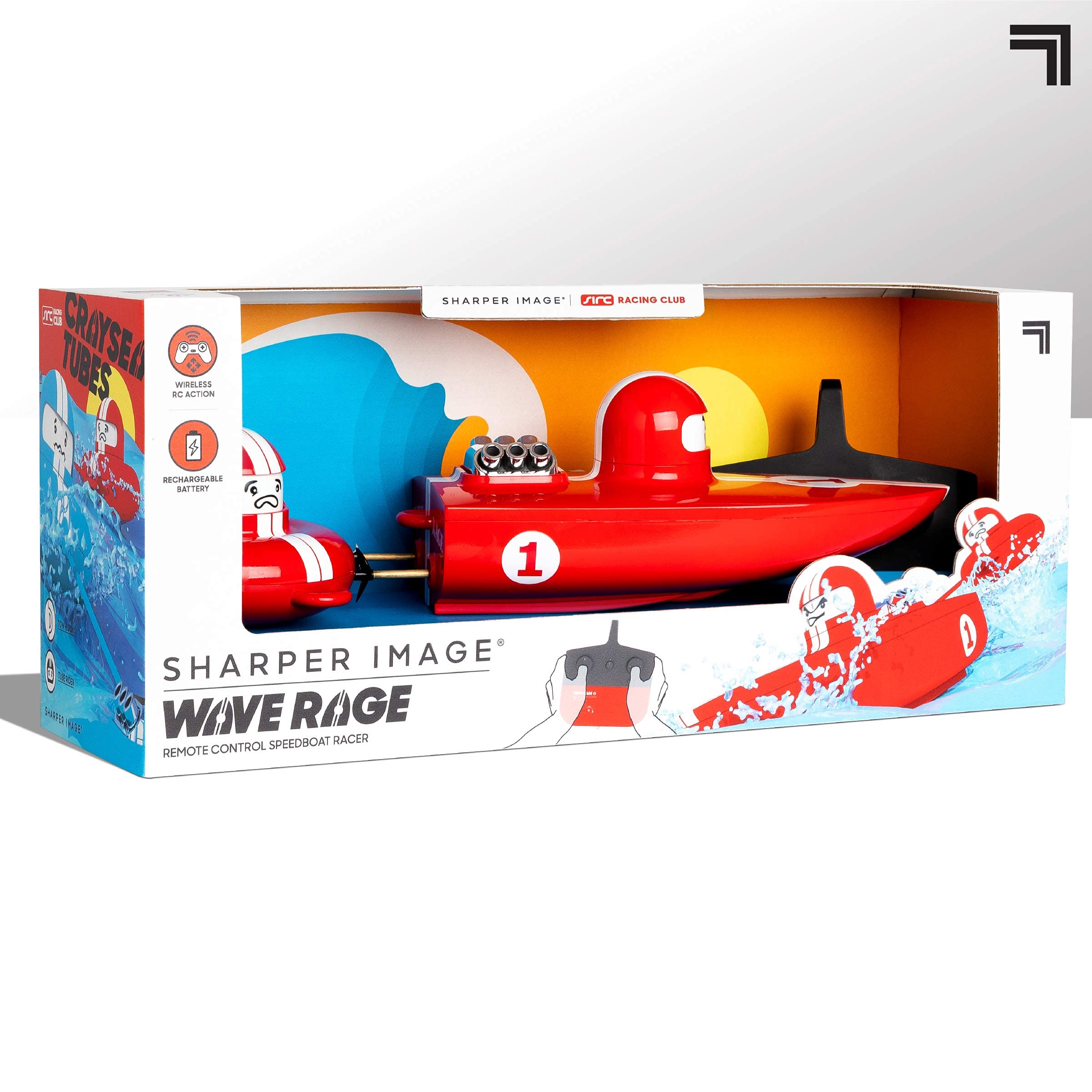 Sharper Image The RC Wave Rage, Wireless Rechargeable Bumper Boat with Tow Rider - Red