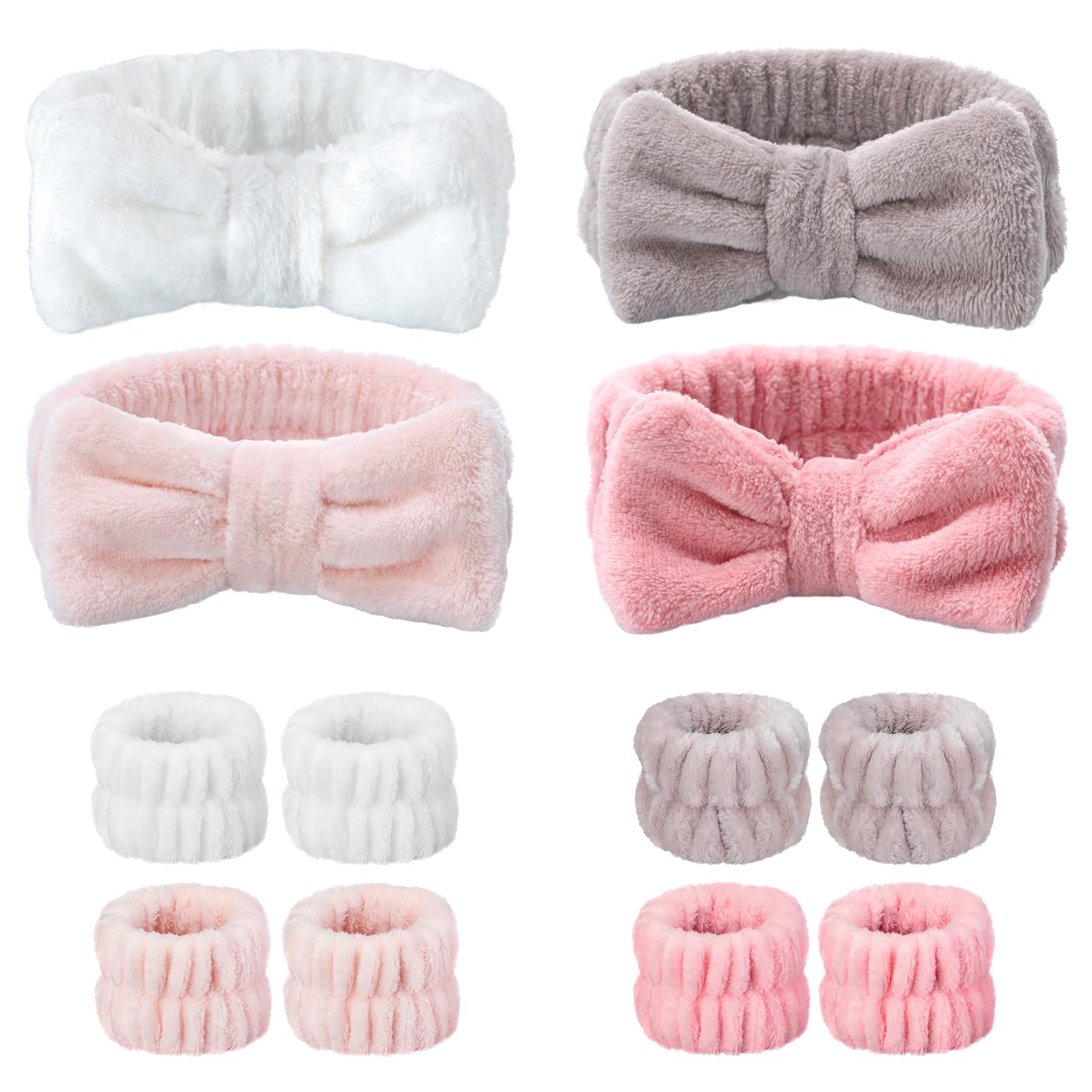 VITEVER 4 Pack Spa Headband for Washing Face with 8 Wristbands, Girl Hair Band, Microfiber Women Headbands, Headband and wrist bands to Skincare, Cosmetic, Shower-White, Brown, Rose Pink, Light Pink