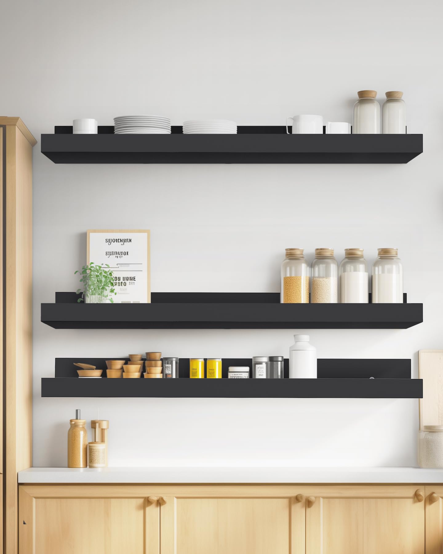 MIRROTOWEL Small 16” Floating Shelves for Wall Décor Storage, Set of 2, Wood for Bedroom, Living Room, Bathroom, Kitchen, Picture Ledge and Farmhouse（Black）