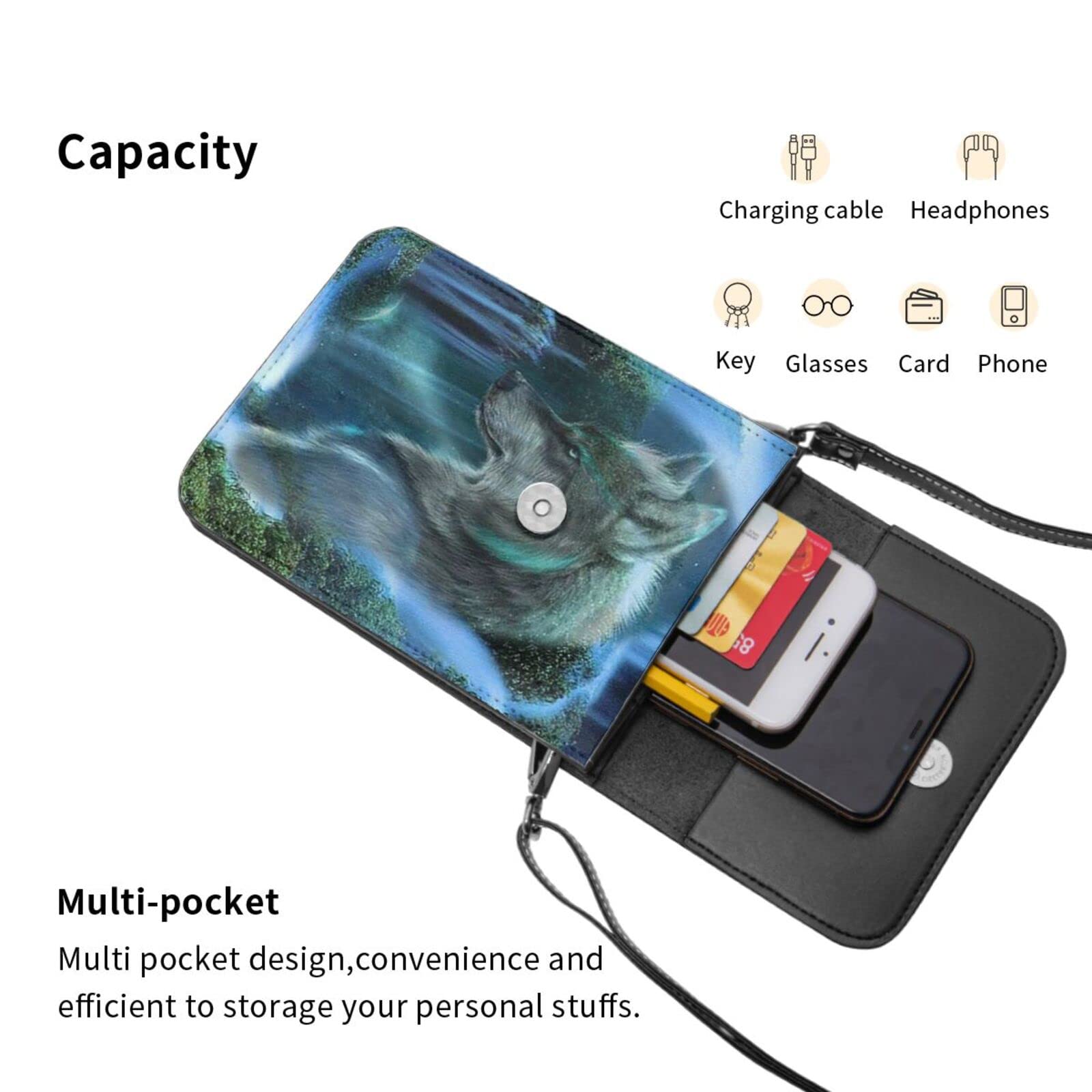 SKETVNHR Abstract Wolf Waterfall Galaxy Small Crossbody Cell Phone Purse for Women Soft Leather Fashion Travel Wallet with Adjustable Strap