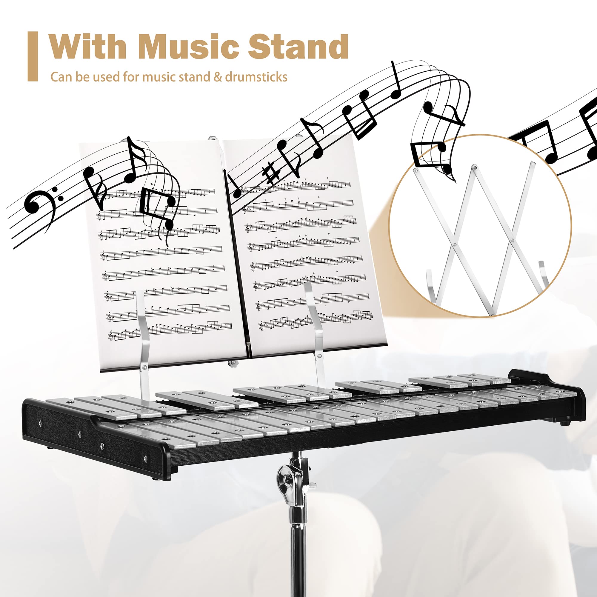 TOLEAD 32 Notes Glockenspiel Kit Xylophone Bell Percussion Instruments with Adjustable Height Stand, Practice Pad Mallets & Wooden Drumsticks, Portable Carrying Bag