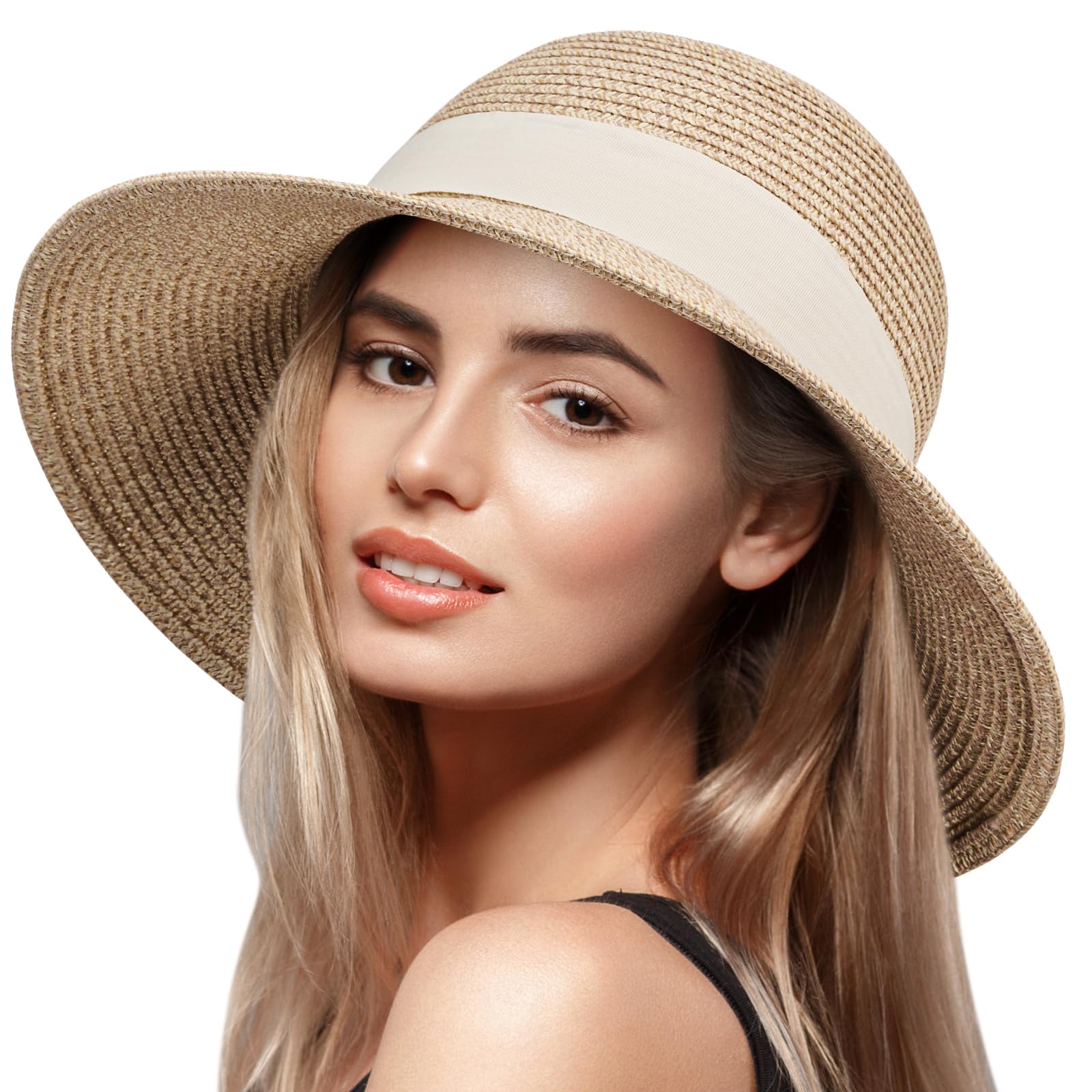 VIFUUR Womens Straw Hats Wide Brim Summer Visor Beach Sun Hat Packable UPF UV Foldable Travel Mix Beige-Beige M/L