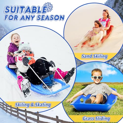 Snow Sled - 2 Pack Classic Sleds for Kids and Adults Flexible Toboggan with Handles Pull Rope Utility Plastic Sled for Winter Ski Sledding Sand Slider Downhill Outdoor - Blue, Red, 36"