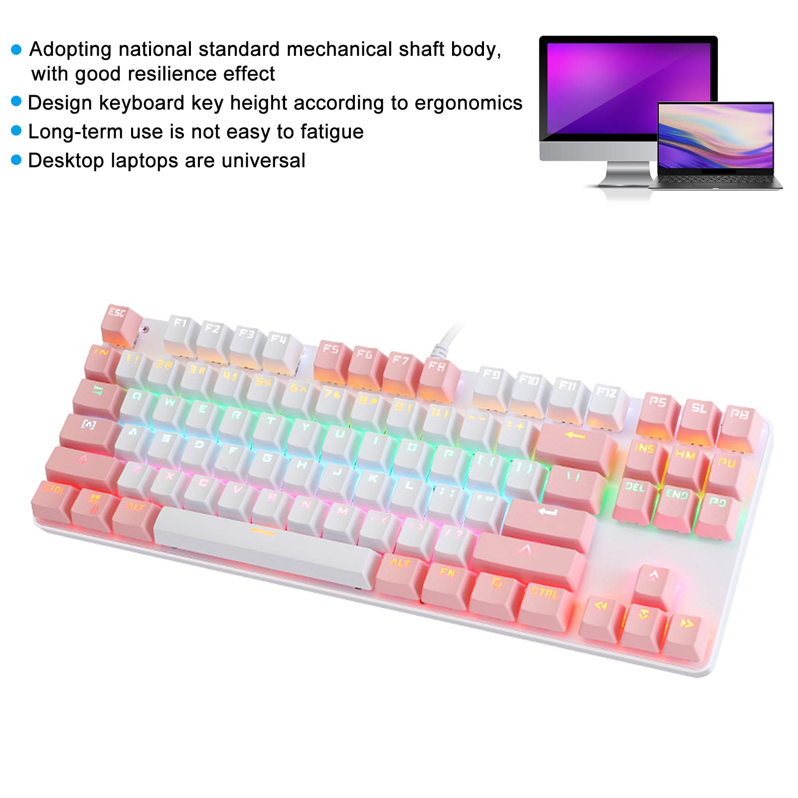 PUSOKEI Mechanical Gaming Keyboard, 87 Keys Keyboards RGB LED Rainbow Backlit Wired Keyboard, Mechinal Gaming Keyboard White+Pink, Mechanical Keyboard,Plug and Play(Pink)
