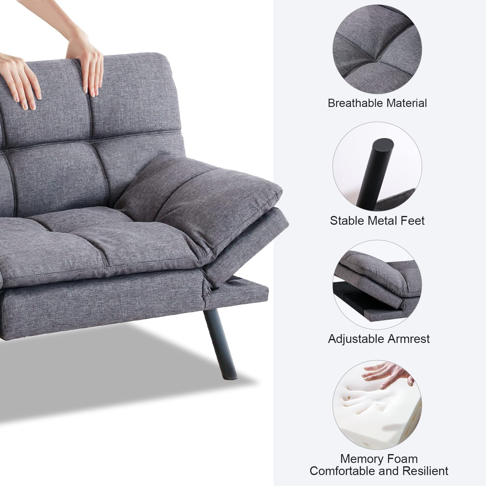 Maxspeed Futon Sofa Bed,Memory Foam Sleeper Sofa Bed Couch,Futon Convertible Sofa Bed Small Couch,Sofa Couch for Living Room Apartment Office.(Grey) (Maxspeed-HR-GREY-002)