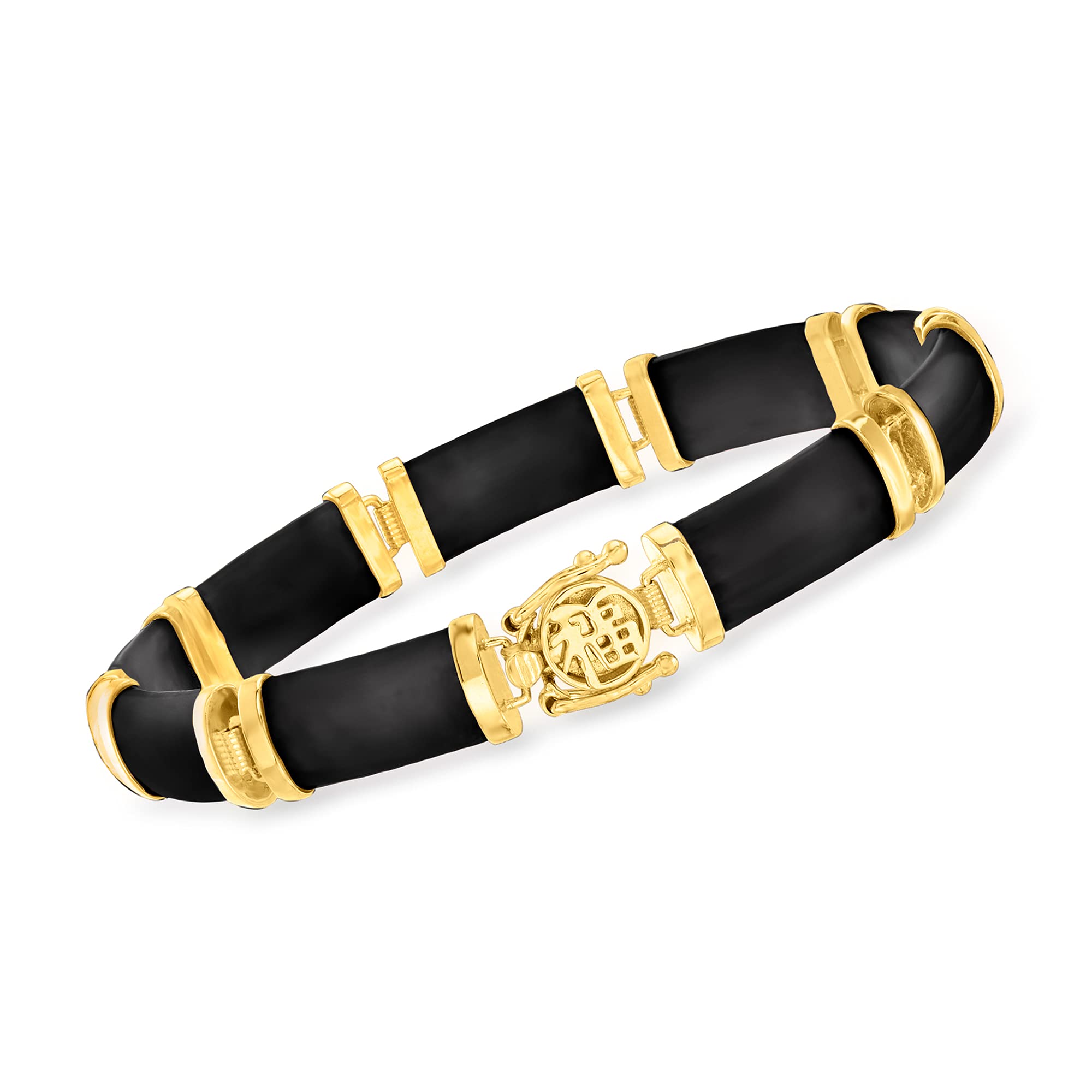 Ross-Simons Black Agate "Good Fortune" Bracelet in 18kt Gold Over Sterling. 7.5 inches