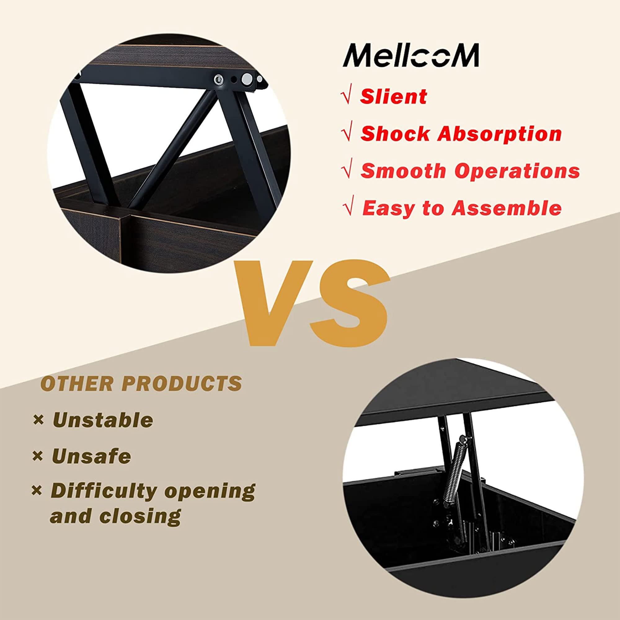 MELLCOM Lift Top Coffee Table,Rustic Coffee Table Lift Tabletop with Hidden Compartment,Pop-Up Storage Cocktail Table with Adjustable Steel Frame, Dining Table for Living Room, Wood/Dark Brown