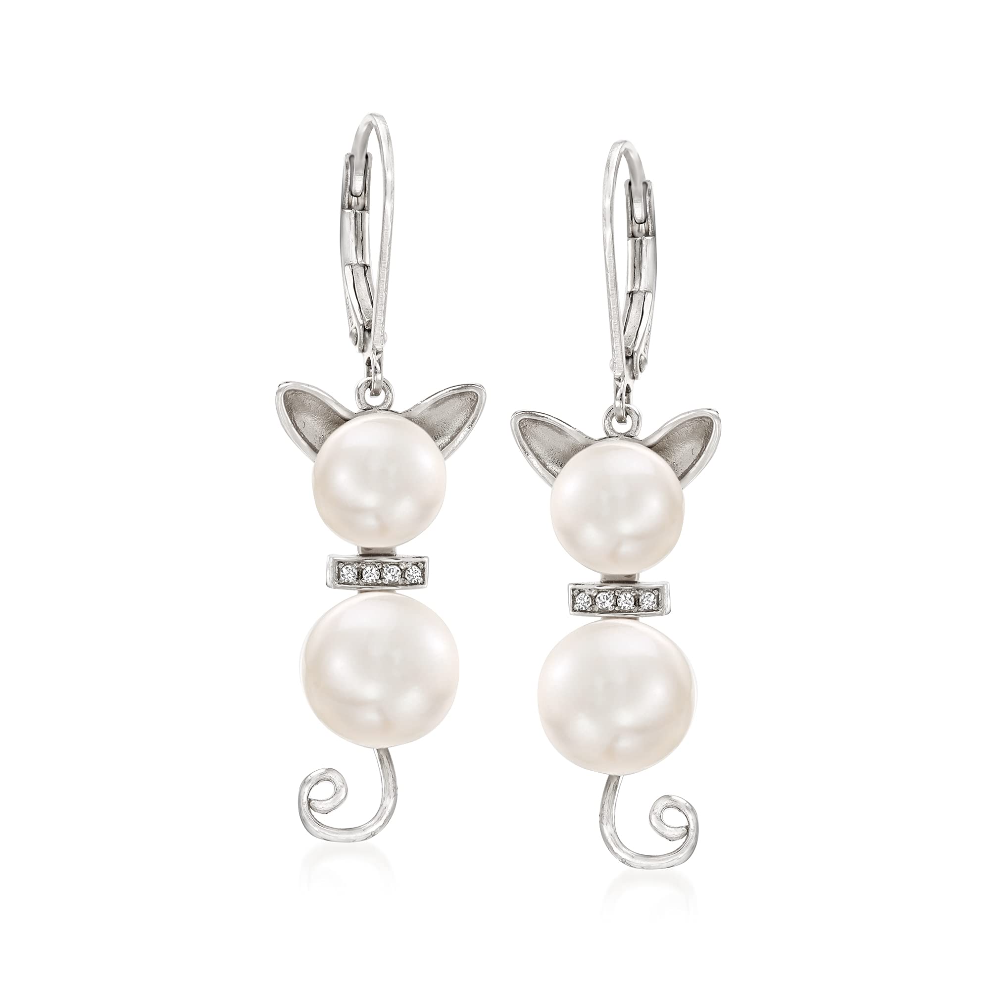 Ross-Simons 7.5-9mm Cultured Pearl and Diamond-Accented Cat Drop Earrings in Sterling Silver
