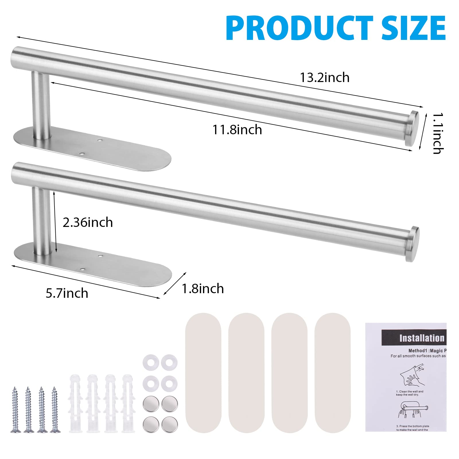 Paper Towel Holder Under Cabinet,Kitchen Wall Mount Stainless Steel Paper Towel Holder, Self-Adhesive or Screw Mount, for Kitchen and Bathroom.Silver 2pack