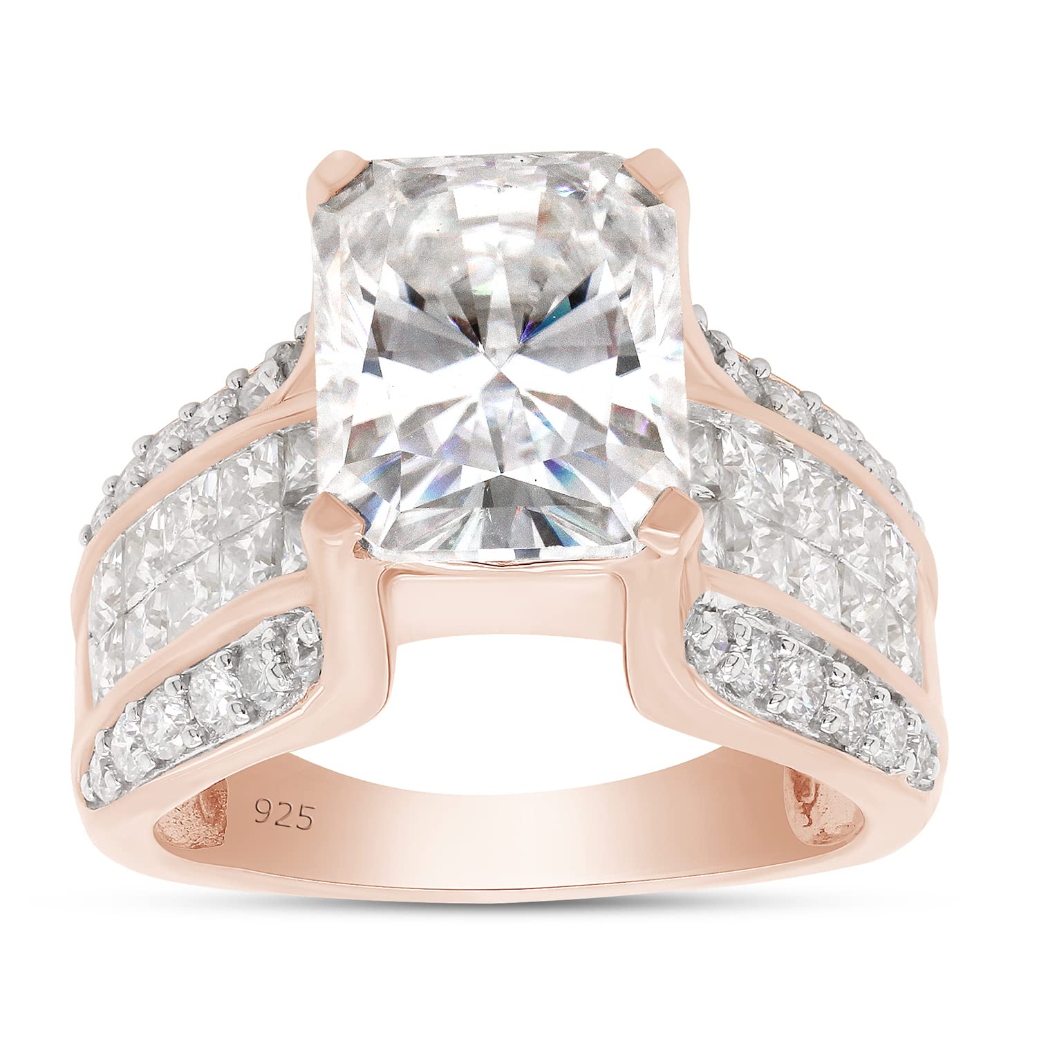 SAVEARTH DIAMONDS 5 1/4 Carat Octagon Cut Center, Princess & Round Cut Lab Created Moissanite Diamond Wedding Band Ring In 14K Rose Gold Over Sterling Silver Jewelry (G-H Color, 5.25 Cttw) Size-5.5