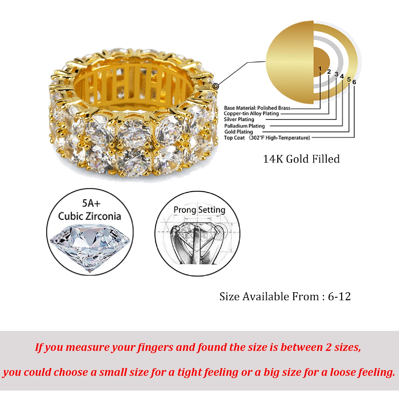 TOPGRILLZ Engagement Ring Men Gold Ring Cubic Zirconia Silver Ring Diamond Rings for Women 9mm Iced out 14K Gold Plated 2 Rows Round Cut Eternity Chunky Ring(Gold,7.5