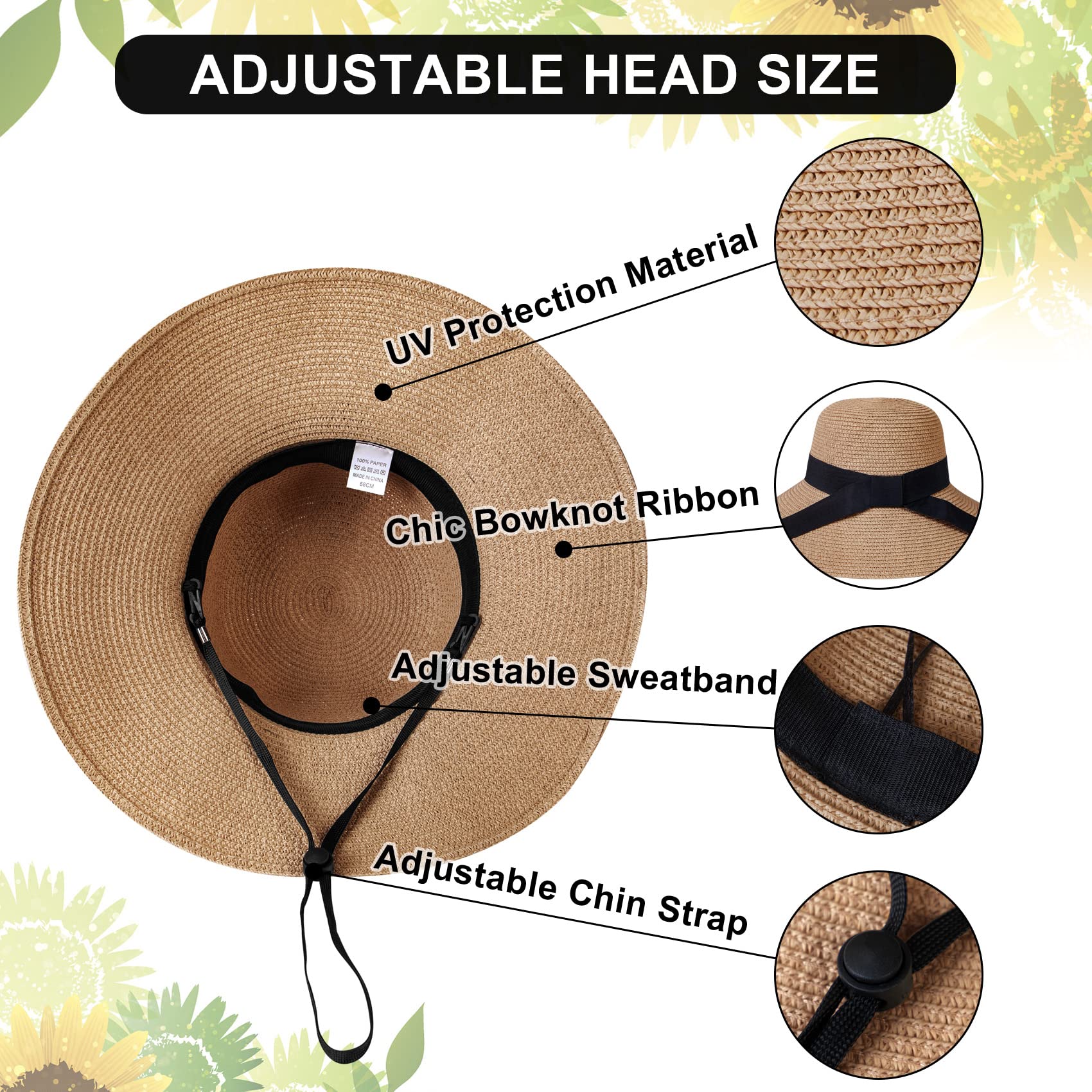 Straw Hats for Women Wide Brim Foldable Summer Beach Sun Hats for Women UV Protection(Pure Beige)