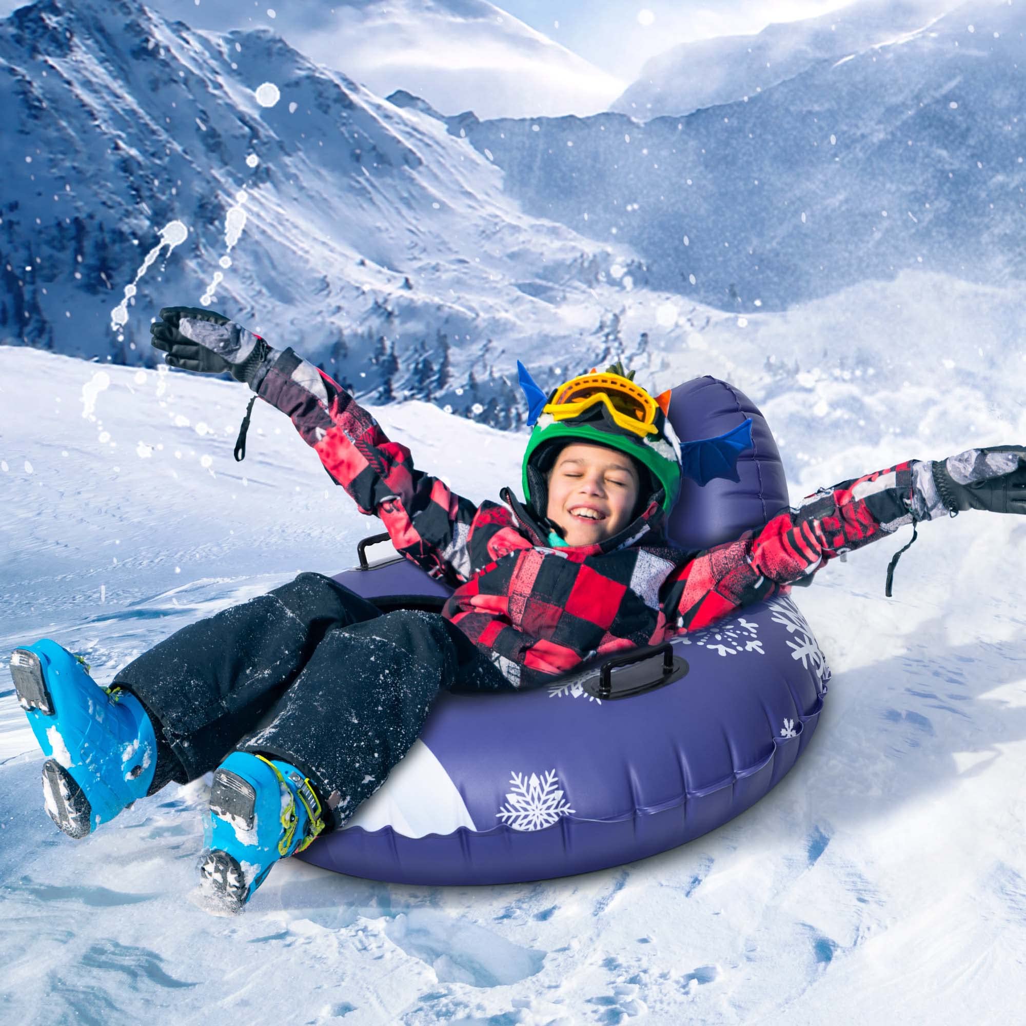 Snow Tube Sled, 47 Inch Thickened Inflatable Snow Sledding Tube with Backrest and Reinforced Handles for Winter Outdoor Fun
