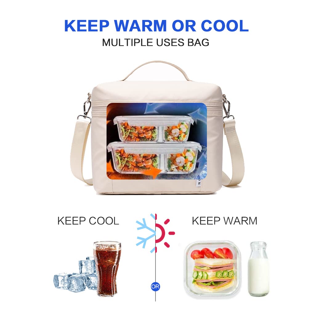 NOL Natural Organic Lifestyle Insulated Lunch Bags for Women Cooler Bag Lightweight Nylon Waterproof Lunch Box For Work(Medium, Cream