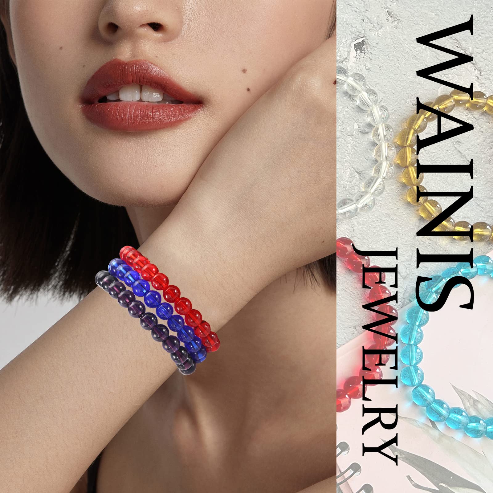 WAINIS 18PCS Glass Crystal Beaded Bracelets for Women Handmade Stretch Elastic Bracelets Multicolor Stackable Round&Versatile Beads Bracelet Jewelry Gifts