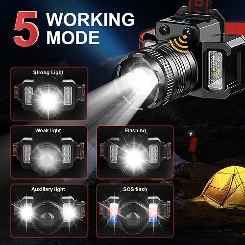 Rechargeable Headlamps for Adults, Head Flashlight, Waterproof Headlamp with Motion Sensor and Swivel Zoom Function, Ideal for Camping, Fishing, and Hiking