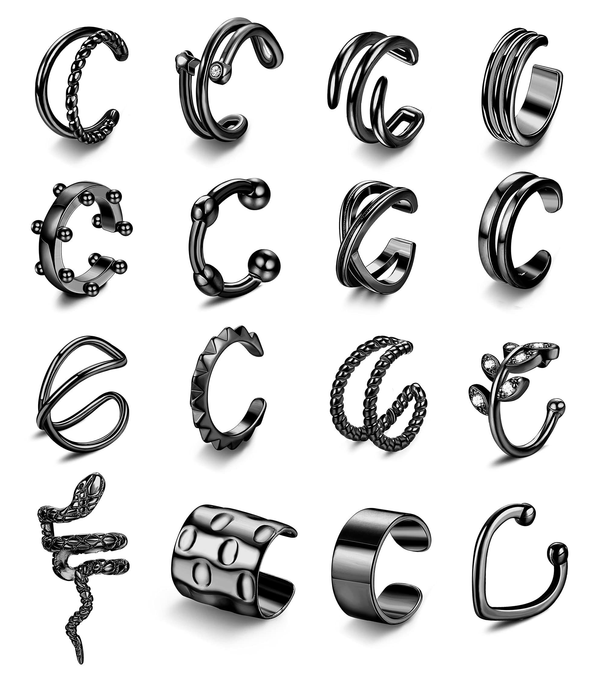 Sanfenly 16Pcs Cuff Earrings for Women Men Non Piercing Ear Cuff Adjustable Fake Earrings Clip On Cartilage Helix Wrap Earrings Set