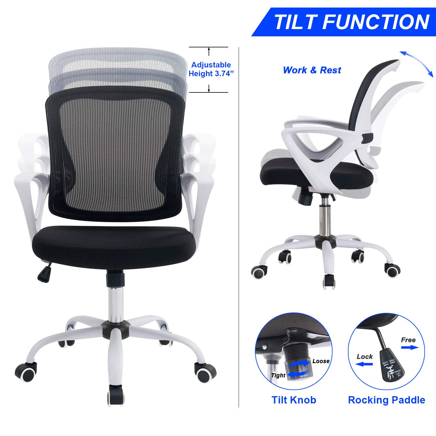 QY Office Chair Ergonomic Desk Chair with Arms & Adjustable Height Modern Mid Back Swivel Home Chair for Small Place, White