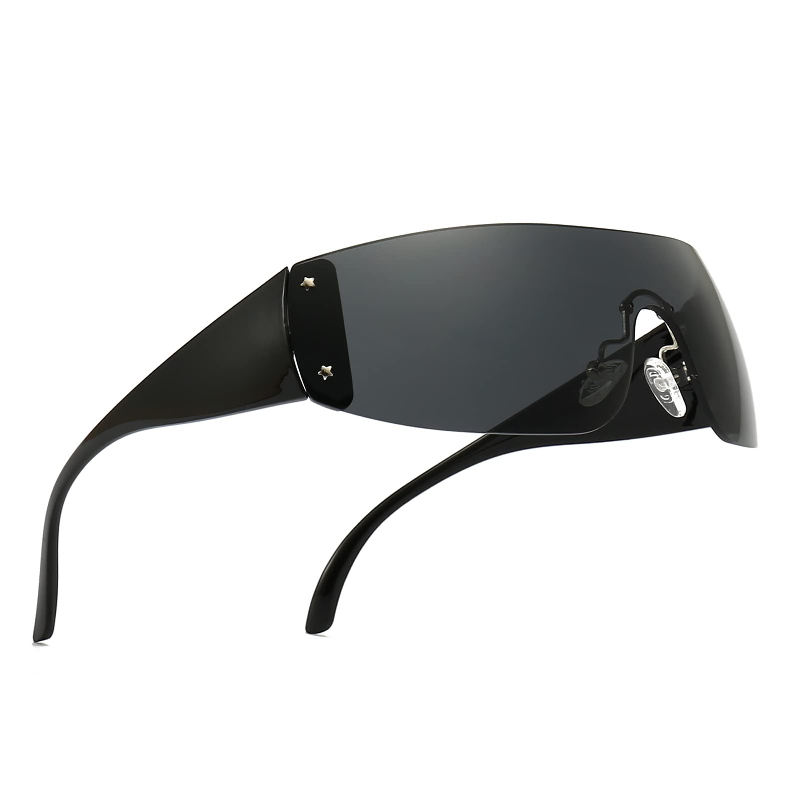 Trendy Rimless Y2K Sunglasses for Women Men,Mirror Shield Wrap Around Sunglasses Oversized Fashion Frameless Sun Glasses (Black/Black)