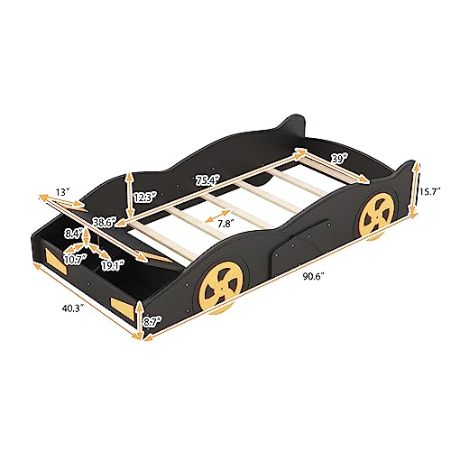 Morhome Twin Size Race, Car-Shaped Platform Wheels and Storage, Bed for Kids, Girls, Boys, Black+Yellow