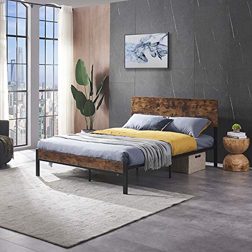 MegaChunk Queen Size Metal Platform Bed Frame with Wooden Headboard and Footboard, Easy Assembly, No Box Spring Needed, Large Under Bed Storage, Black