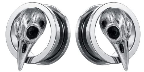 So Scene raven skull screw back plugs ear gauges stainless steel (silver, 10mm -00 gauge)