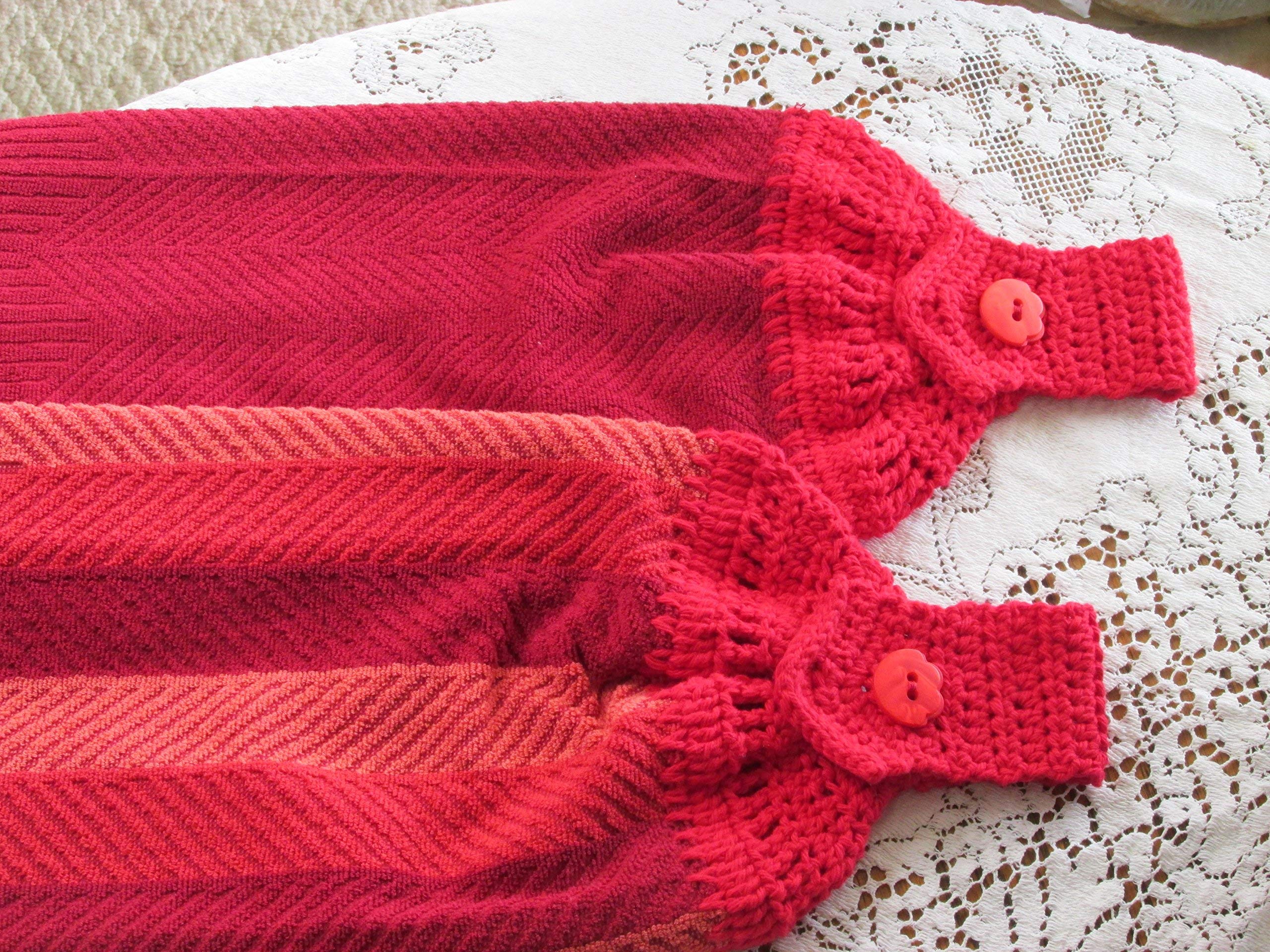 Set of 2 Red Doubled Chevron Design Hanging Kitchen Towels with Red Cotton Crochet Top - Best Quality