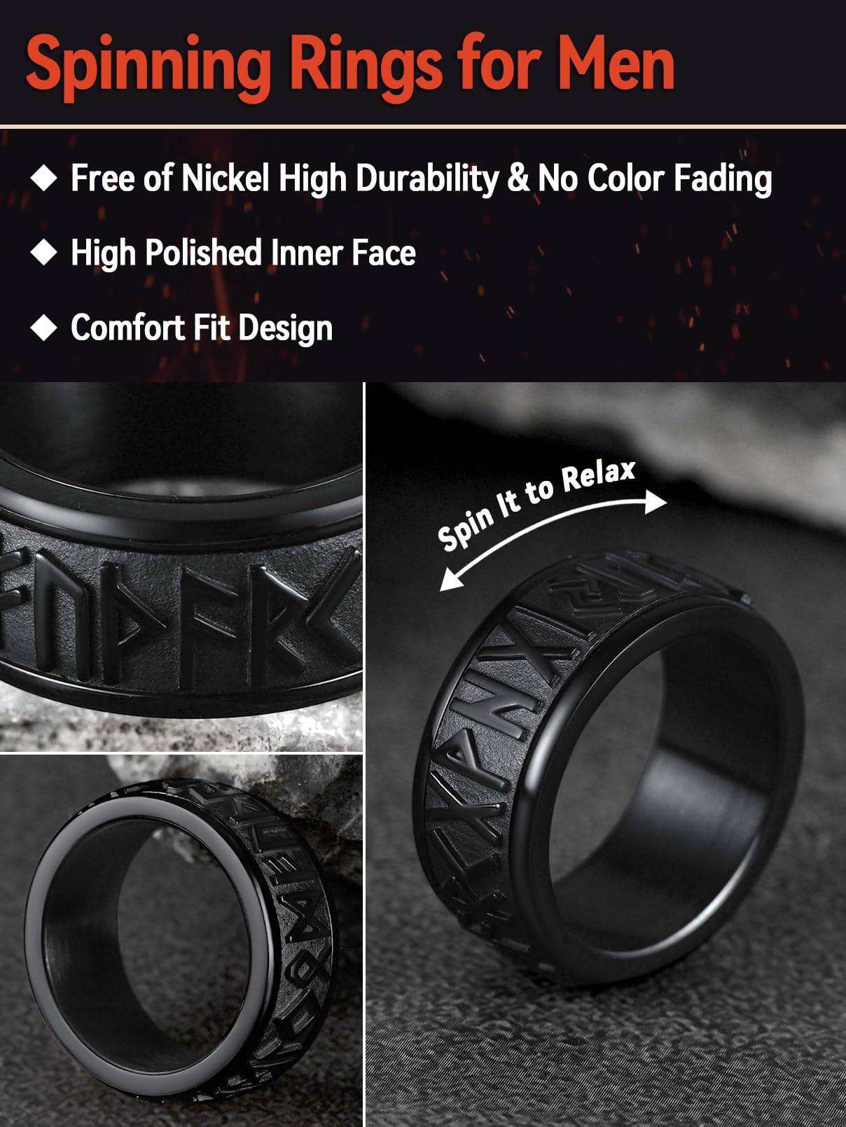 Scandinavia Viking Rune Band Thumb Rings, Black Punk Pinky Ring for Male, Women Spinner Stackable Finger Acccessories