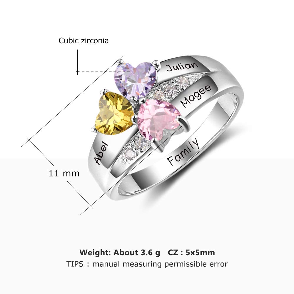 Mothers Ring with 3 Heart Simulated Birthstones Engraved 3 Names Personalized Promise Rings for Her Mom Jewelry (8.5)