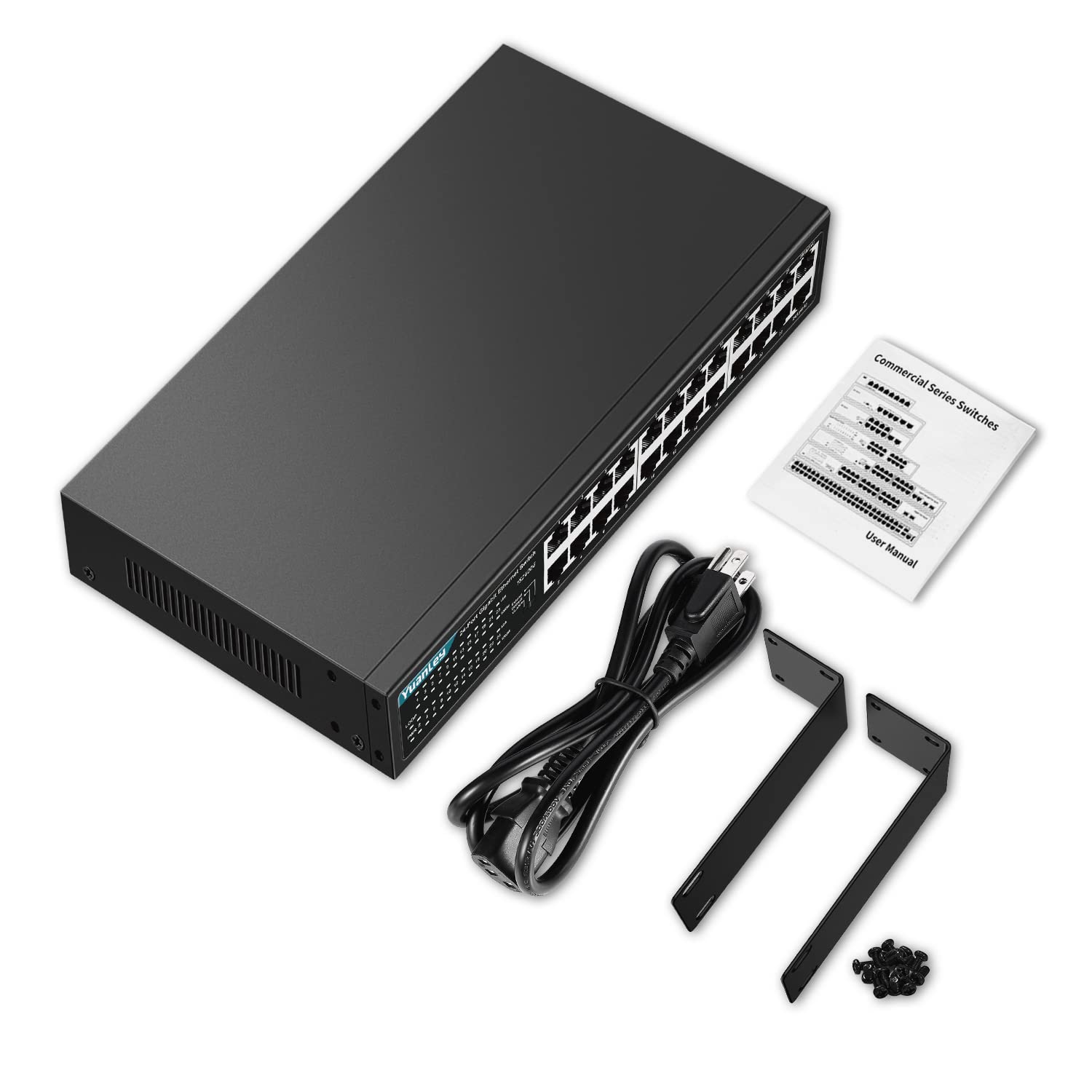 YuanLey 24 Port Gigabit Ethernet Switch, VLAN, Extend 250m, Fanless Metal Rackmount Unmanaged Plug and Play Network Switch