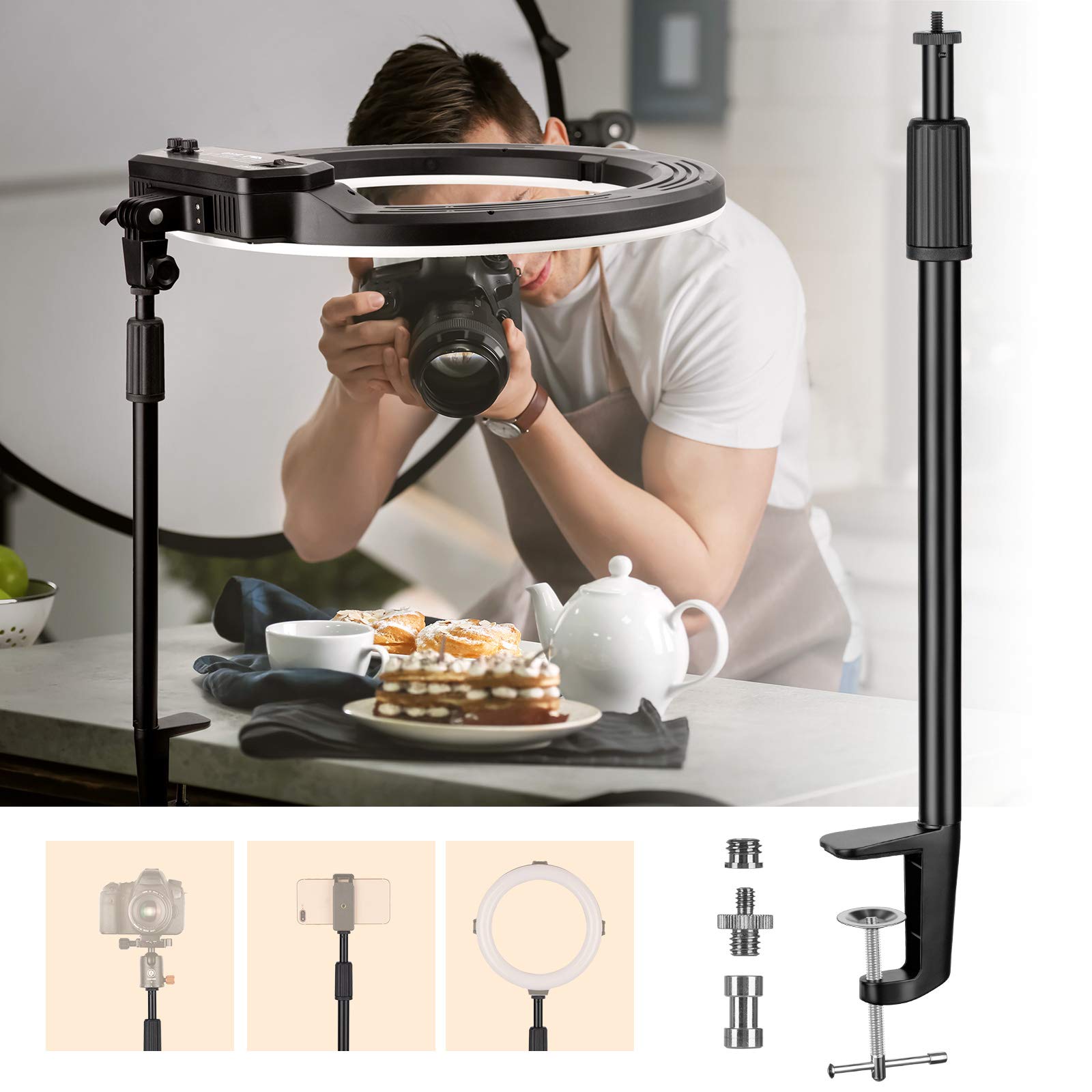 TARION Desktop Light Stand with 1/4" 3/8" Screws for Ring Light Tabletop Mount L Shape Clip Stand Adjustable 14-25in/35-64cm for Live Streaming Photograpghy Videograpghy Film Shooting Virtual Meetings