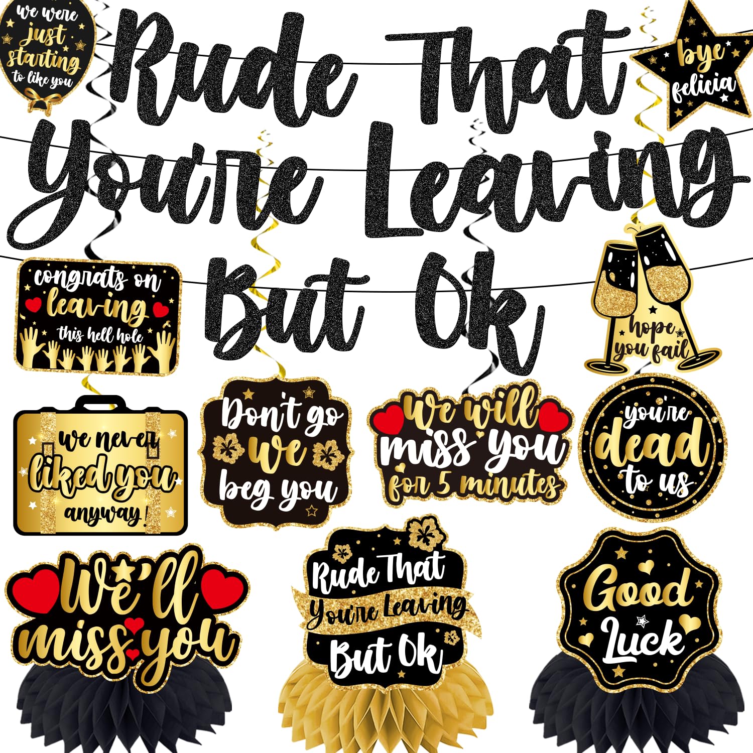 Rude That You're Leaving But Ok Banner Hanging Swirls Centerpieces, Going Away Party Decorations For Coworker Farewell Decorations Party, Gold Glitter Coworker Leaving Decorations, Retirement Party