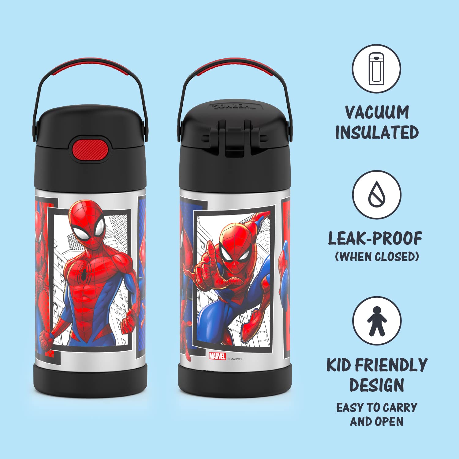THERMOS FUNTAINER 12 Ounce Stainless Steel Vacuum Insulated Kids Straw Water Bottles | Encanto and Spider-Man