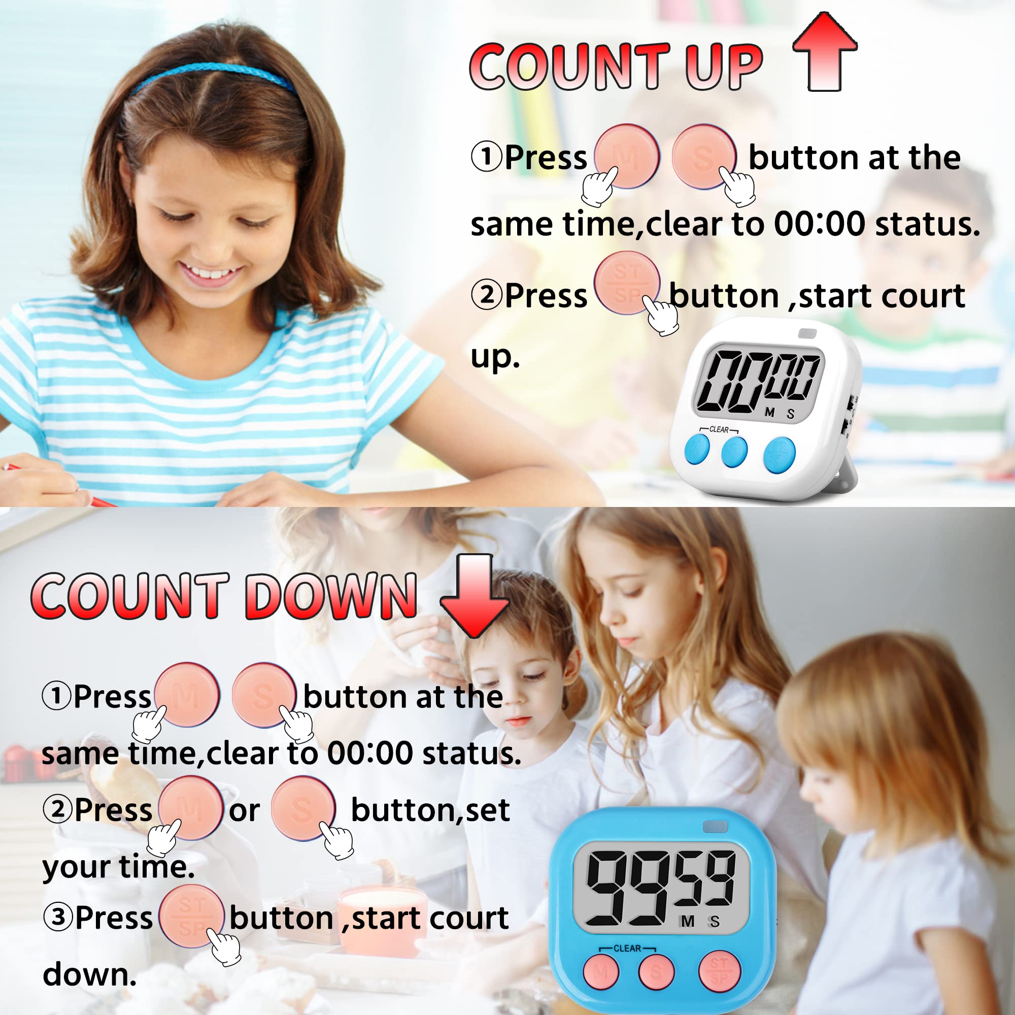 Timer for Kids Teachers Digital Kitchen Timers for Cooking Large Magnetic Classroom Timer 2Pack-White Blue