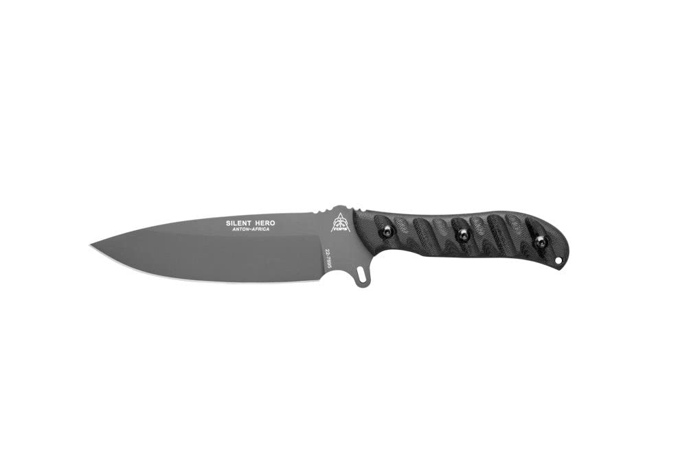 Tops Knives Silent Hero - Sniper Gray Blade Finish - Fixed Blade Knife - Black Leather Sheath (Rocky Mountain Tread Handle)