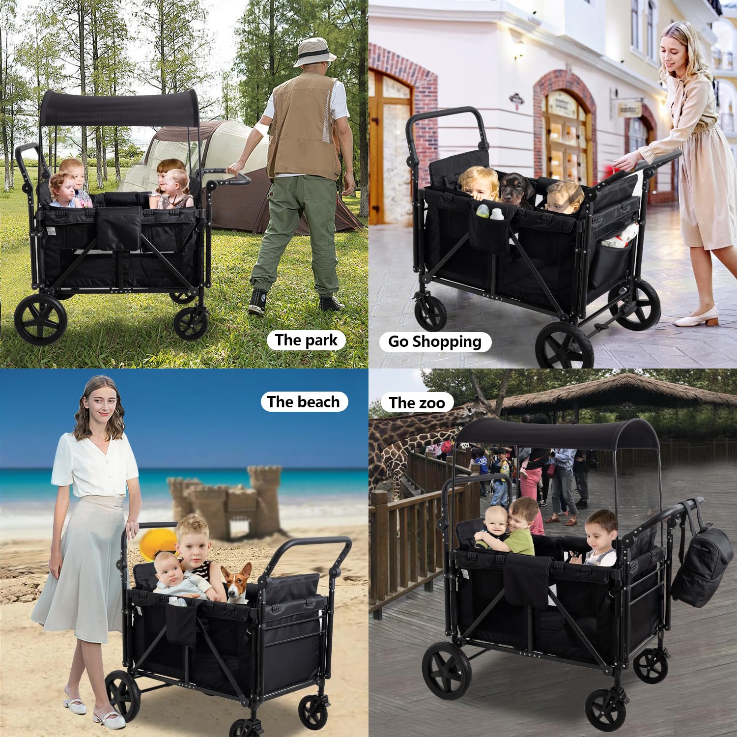 Luxury Tandem Stroller Wagon Stroller Folding Wagon Push-Pull Stroller Four-Wheel Trolley for 4 Kids with 5-Point Harnesses Safety Belt,Detachable Seats,Removable Canopy,Double Push bar for 1-5y+