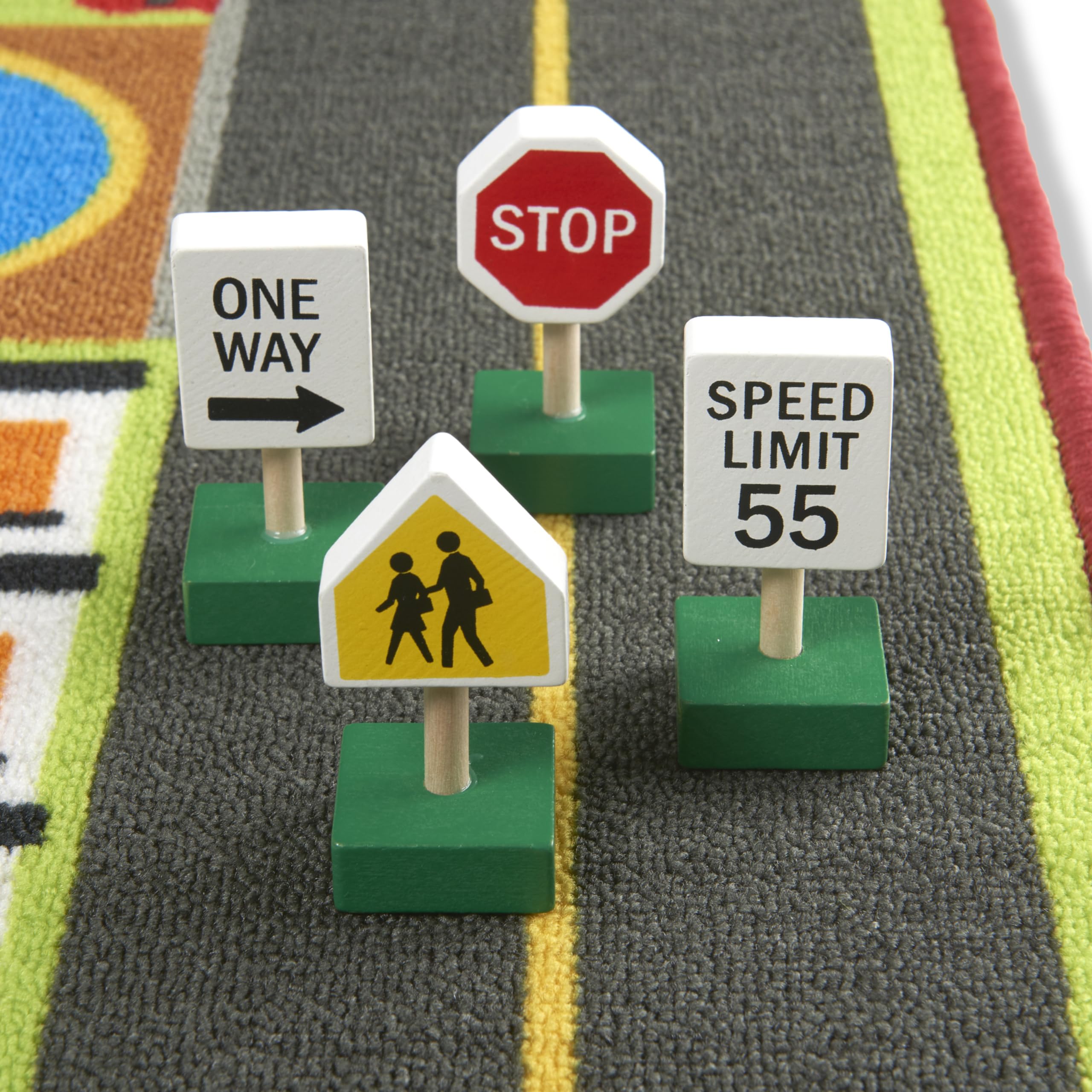 Melissa & Doug Jumbo Roadway Activity Rug, 4 Wooden Traffic Signs, 79"L X 60"W - Pretend Play Road Activity Rug