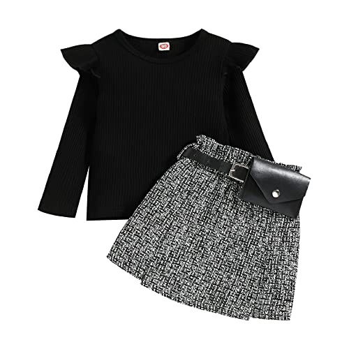 Yunfanda Toddler Baby Girl Fall Winter Dresses Turtleneck Solid Knit Pullover Tops Plaid Button Mini Skirts Set Outfits(20#-Black Tops+Skirt,12-18 Months)