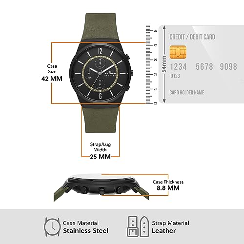 Skagen Men's MELBYE Chronograph Stainless Steel Quartz Watch with Leather Strap, Olive, 25 (Model: SKW6801)