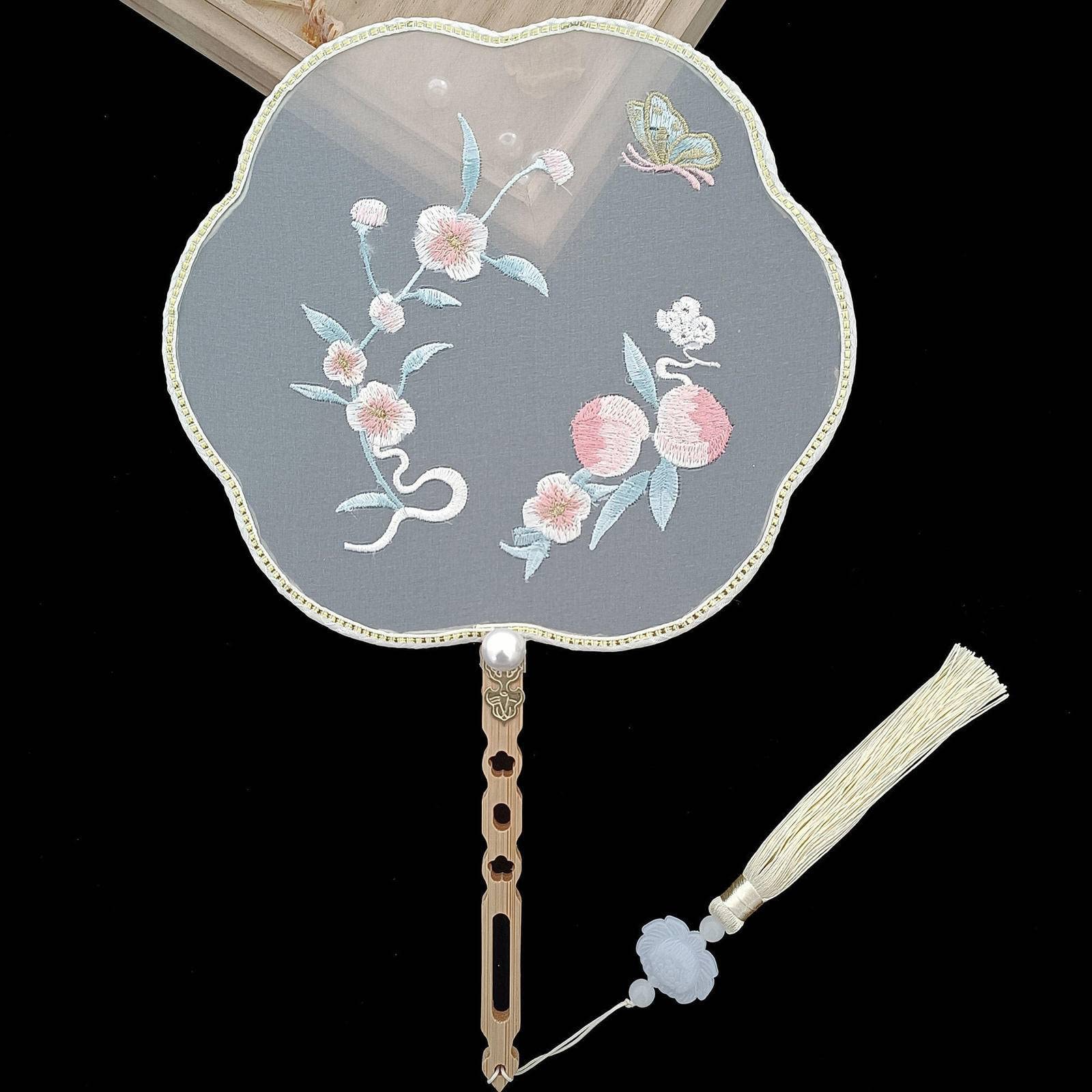SAXTZDS Ancient Style Palace Fan Classical Embroidery Fan Wind Long and Short Handle Round Special-Shaped Group Fan Embroidery Fan