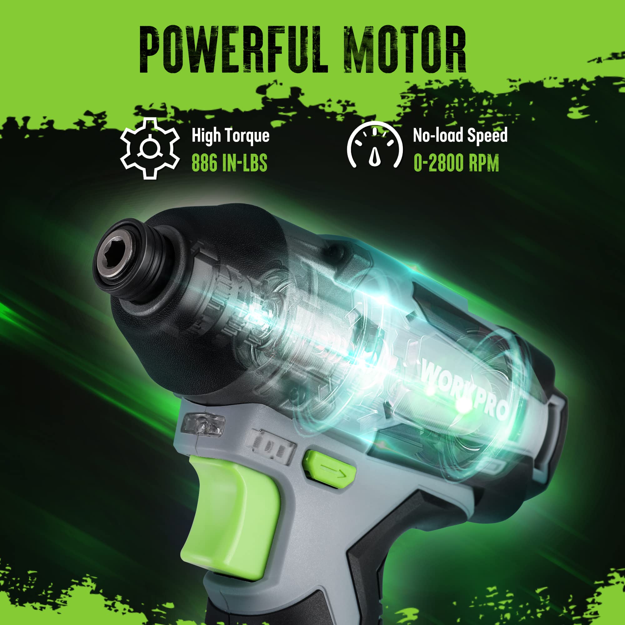 WORKPRO Cordless Impact Driver Kit, 1/4β Hex Electric Impact Drill/Driver Set with 12V 2.0Ah Lithium-ion Battery, 1 Hour Fast Charge, Variable Speed, 14pc Driver Bits and Tool Bag Included