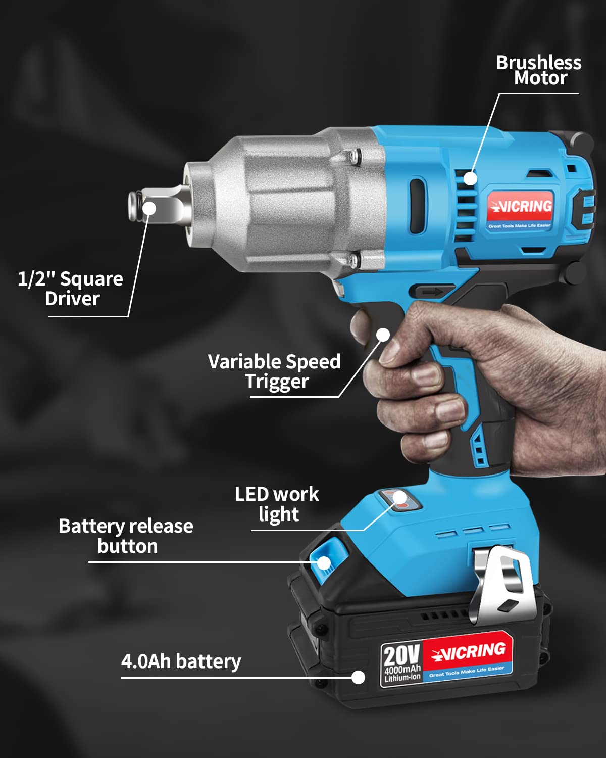 VICRING 20V Cordless Impact Wrench 1/2 Inch Impact Gun Brushless High Torque Power Impact Wrench Electric Lug Nuts Impact Driver With 4.0Ah Battery Fast Charger and 4 Sockets