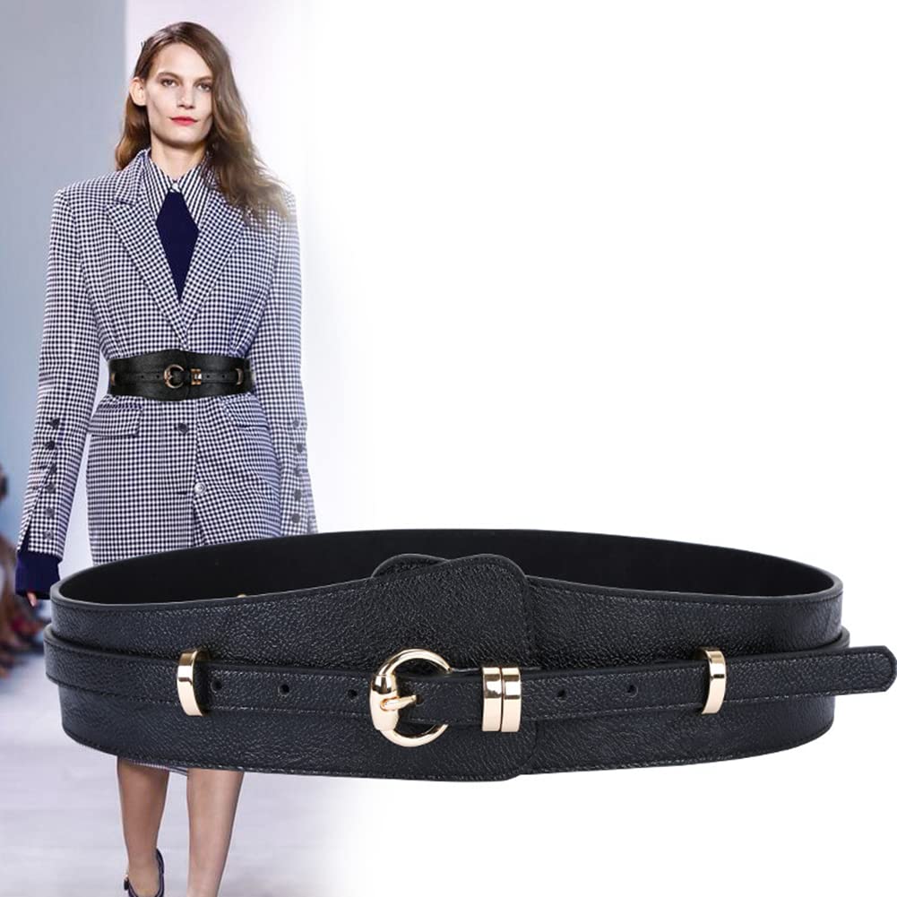 Toptim Womens' Vintage Belt Wide Leather Waistbands Needle Buckle Belts Two-in-one (Black, 30-34.5")