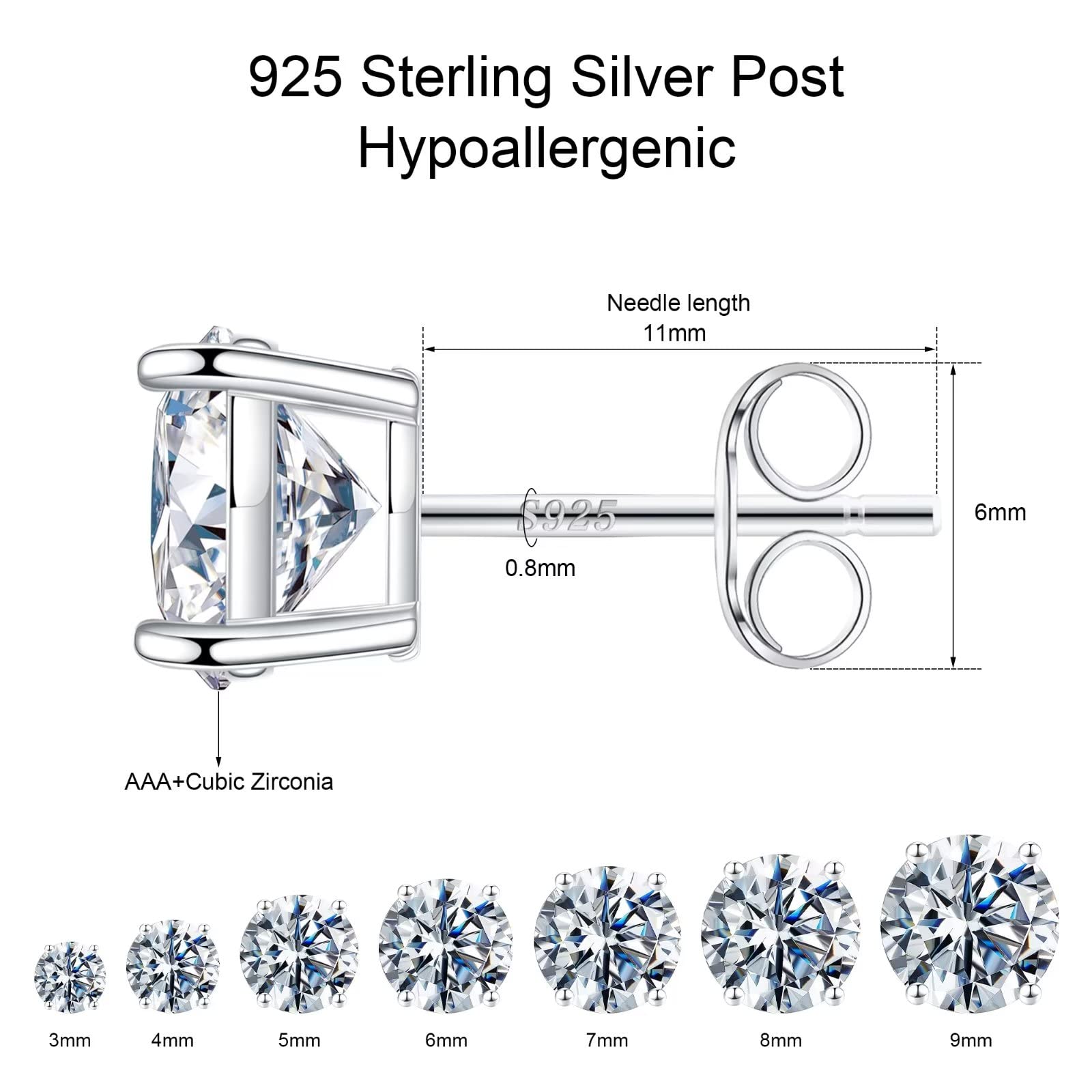 Stud Earrings Set for Women, Hypoallergenic Stud Earrings Round Cubic Zirconia Silver Stud Earrings for Women Men 3 Pairs Earrings Set