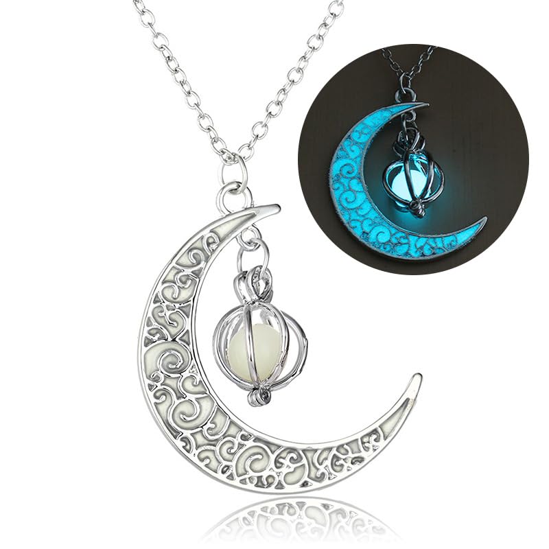 Rckcu Glow in The Dark Silver Crescent Moon and Orb Necklace - Glowing Blue Moon Charm - Magical Fantasy Fairy Glowing Necklace - Glow Jewelry (blue-green)